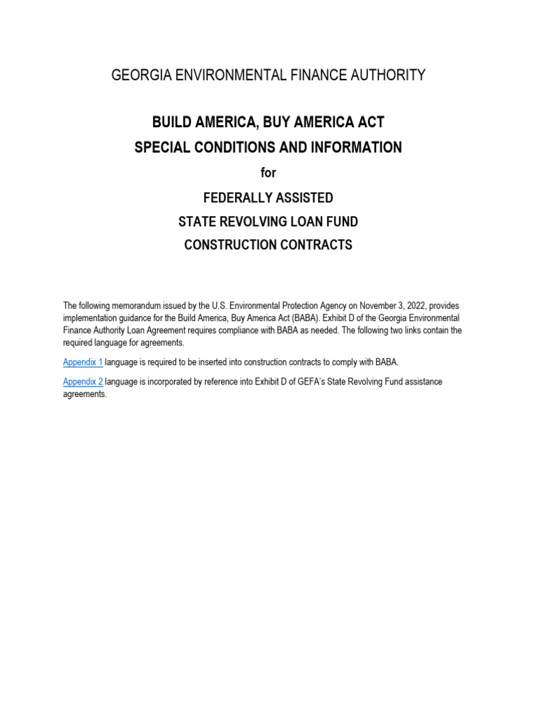 BABA Compliance for Georgia SRF Contracts | PDF | Valve | Pipe (Fluid ...