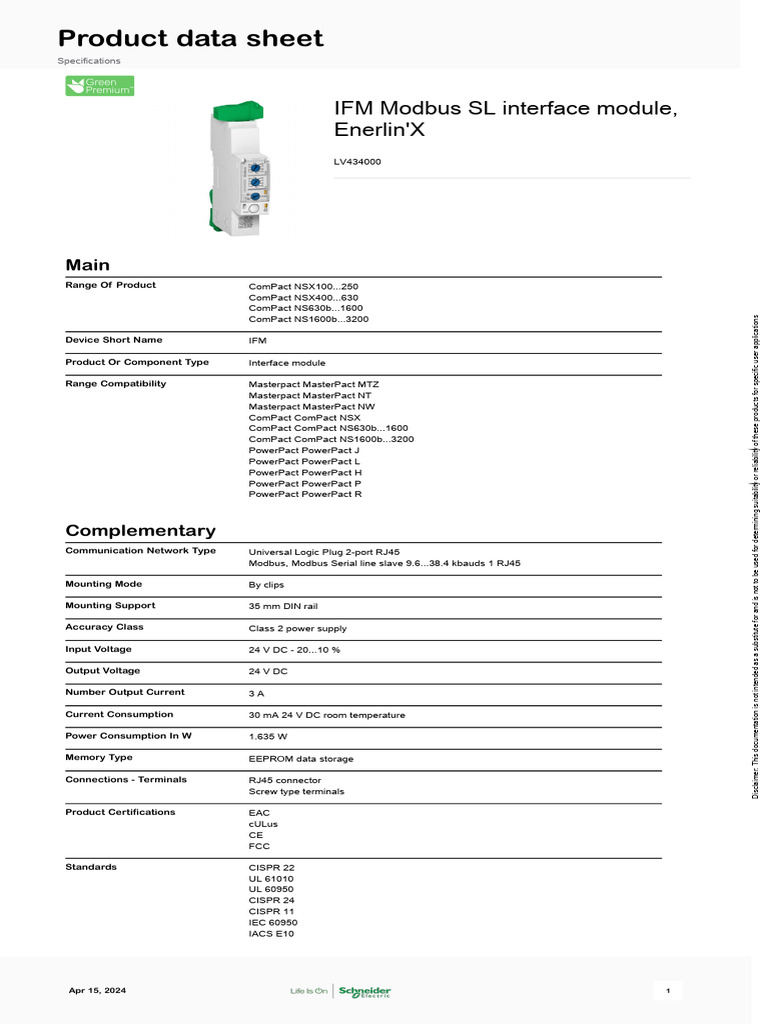 IFM Modbus SL Interface Module EnerlinX - LV434000 | PDF | Electrical ...