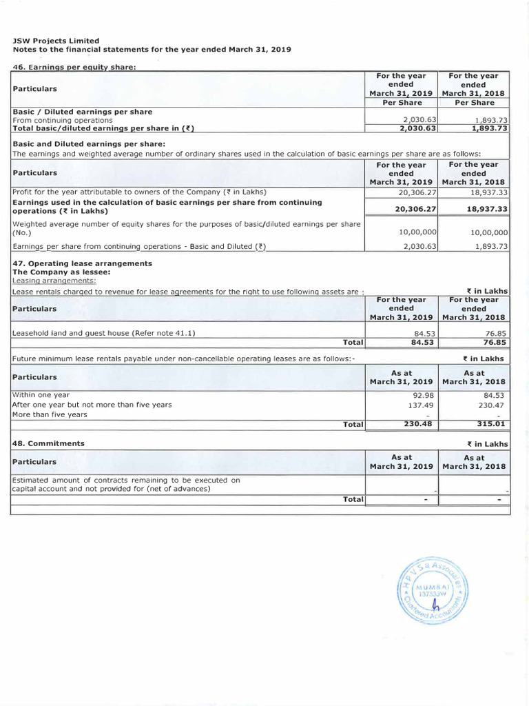 JSW Projects Limited 2018-19 Financials | PDF | Lease | Equity (Finance)