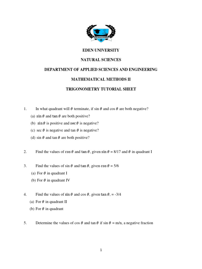 Trigonometry Tutorial Exercises | PDF | Trigonometry | Euclidean Geometry