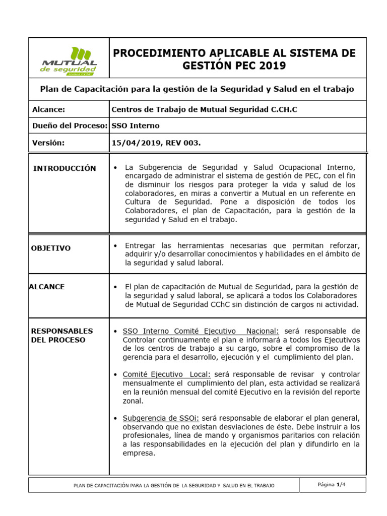 Ssoi 2019 V003 Procedimiento de Capacitación1 | PDF | Seguridad y salud ...