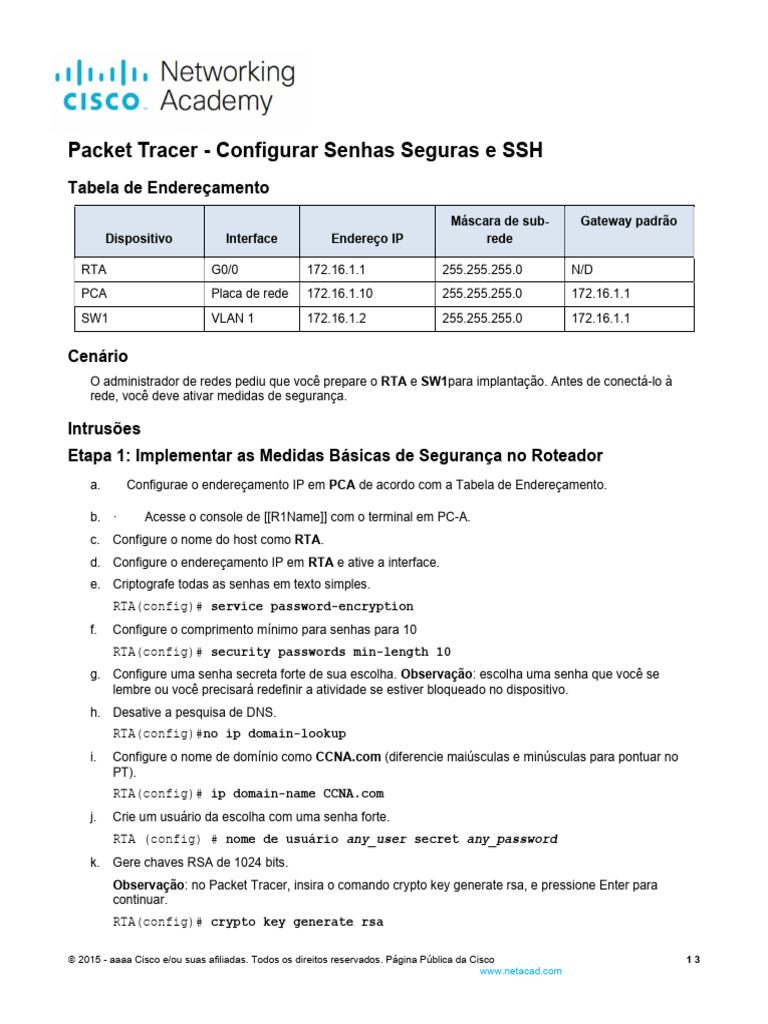 16.4.6 Packet Tracer - Configure Secure Passwords and SSH - PT BR | PDF | Cápsula segura ...