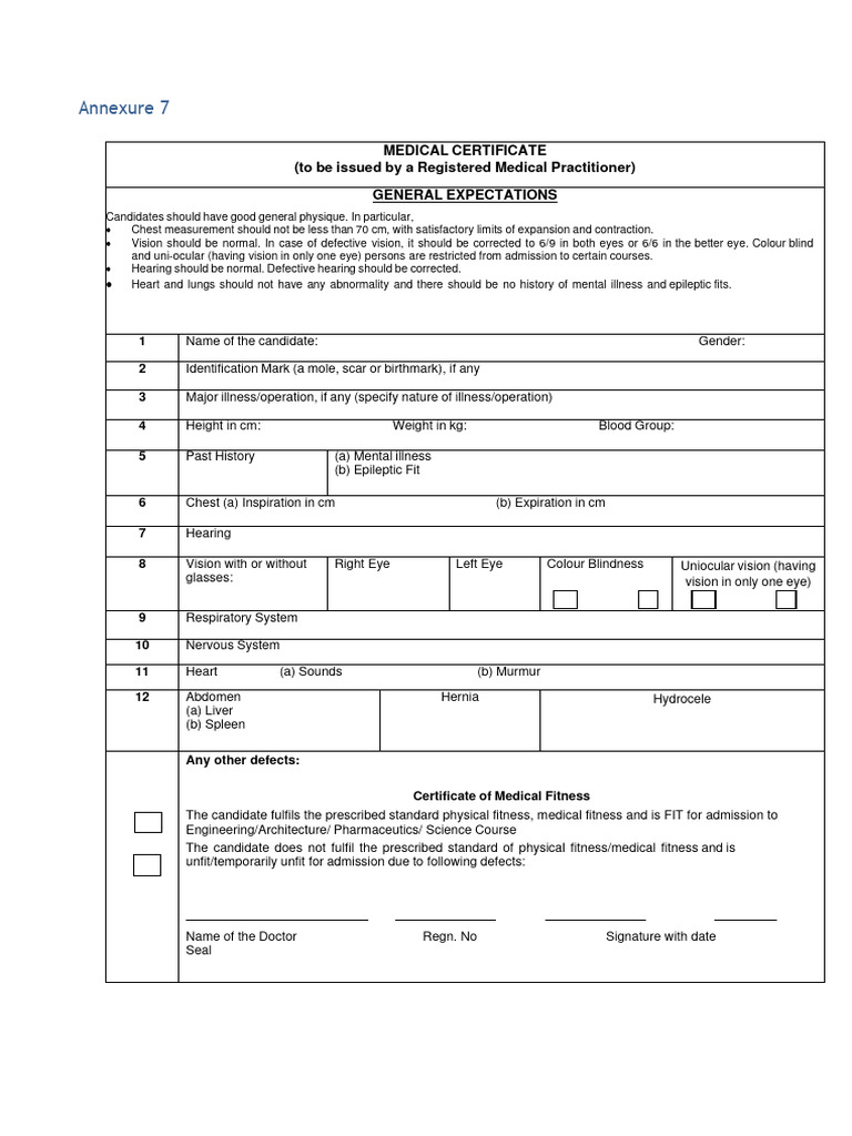 Annexure 7: Medical Certificate (To Be Issued by A Registered Medical ...