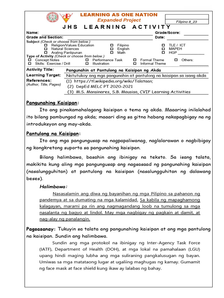 Filipino 8 Q2 LAS 1 Pangunahin at Pantulong Na Kaisipan NG Akda | PDF