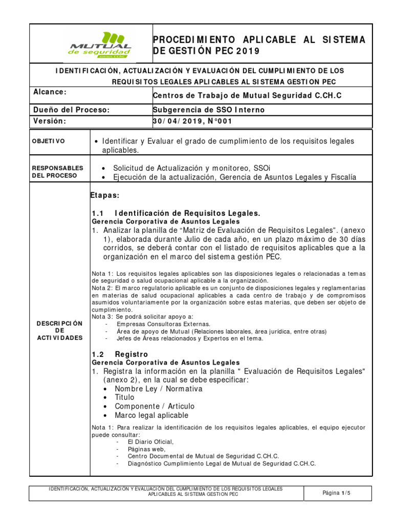 Ssoi-2019 - V001-Requisitos Legales Aplicables Al Sistema Gestion Pec ...