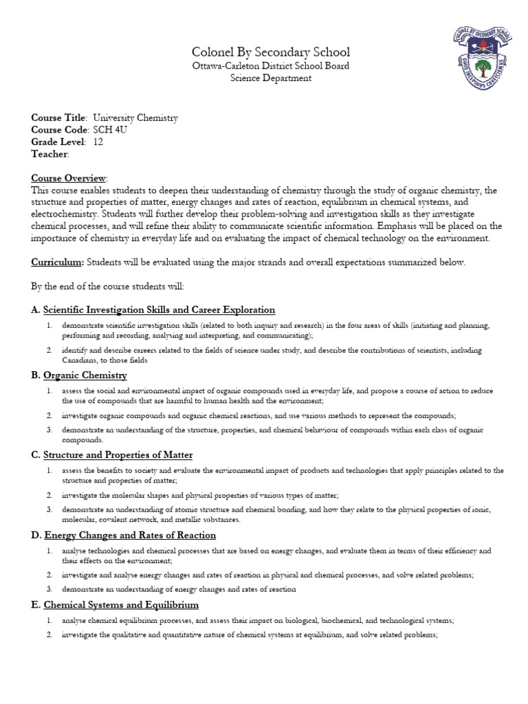 Course Outline-SCH4U-2018 | PDF | Chemical Compounds | Chemical Substances