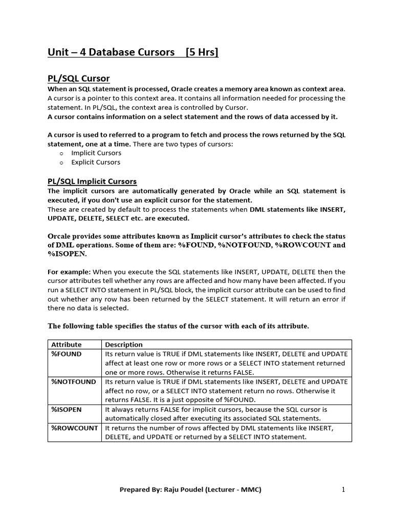 Unit-4 Database Cursors | PDF | Pl/Sql | Parameter (Computer Programming)