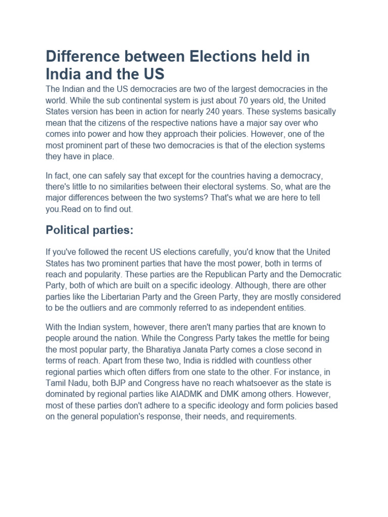 Difference Between Elections Held in India and The US | PDF | Voting ...