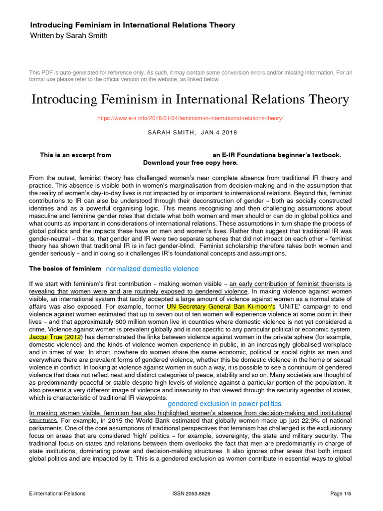Feminism in International Relations Theory | PDF | Gender | Gender Studies