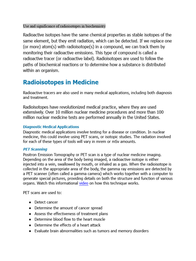 Use and Significance of Radioisotopes in Biochemistry | PDF | Positron ...