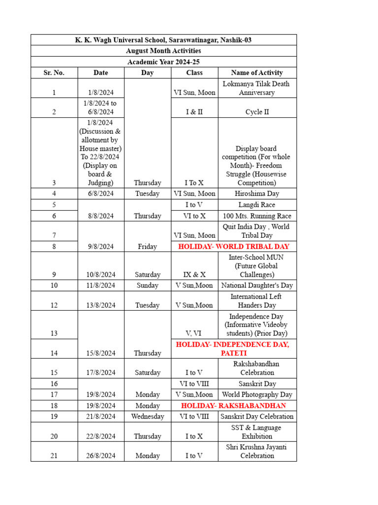 August Month Sheet | PDF | Observances