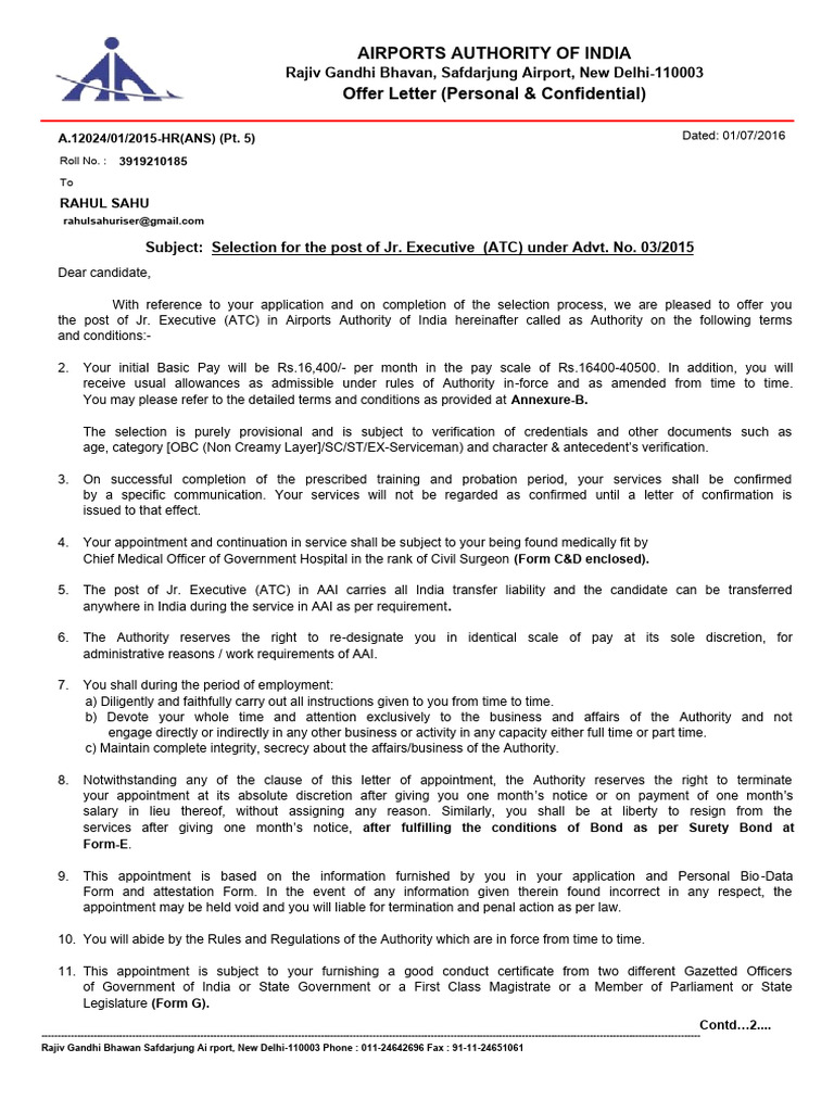 AAI Jr. Executive ATC Offer Letter | PDF | Justice | Crime & Violence