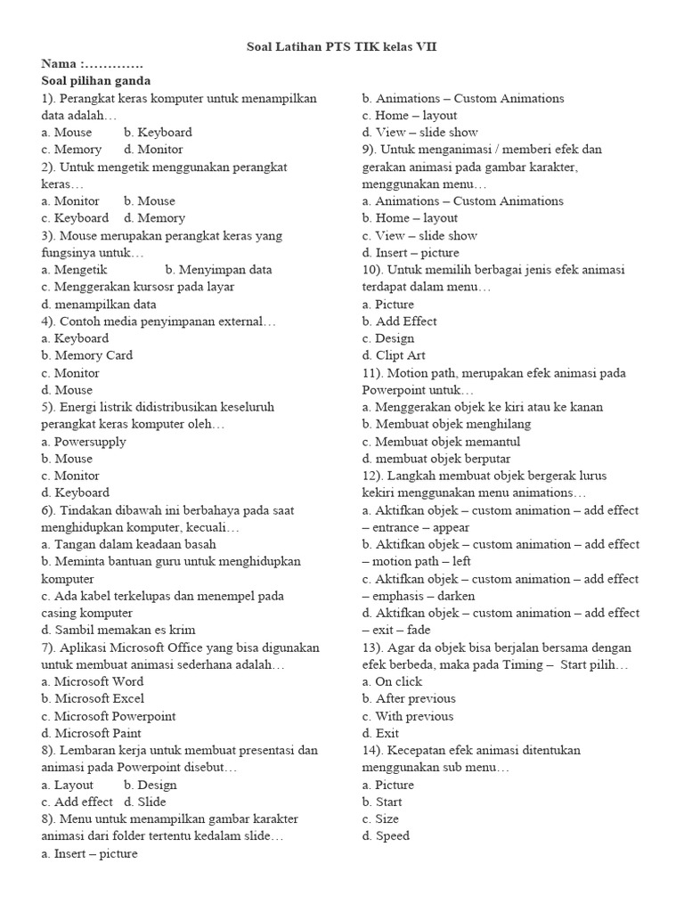 Soal Latihan PTS TIK Kelas VII | PDF