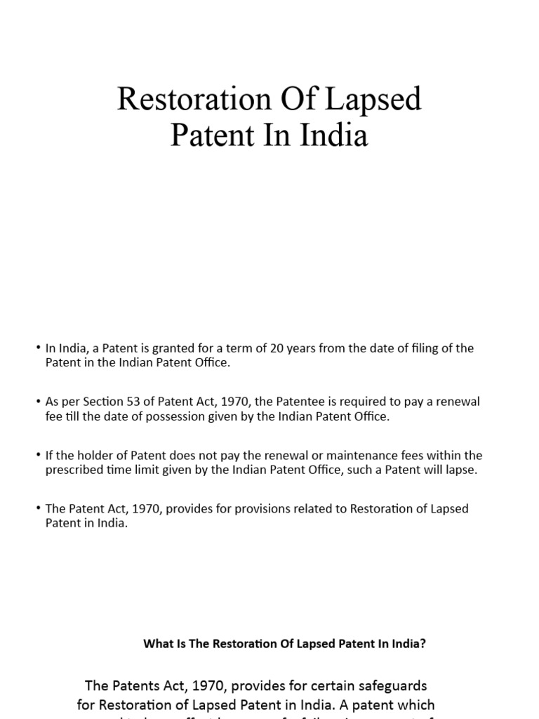 Restoration of Lapsed Patent in India | PDF | Maintenance Fee (Patent ...