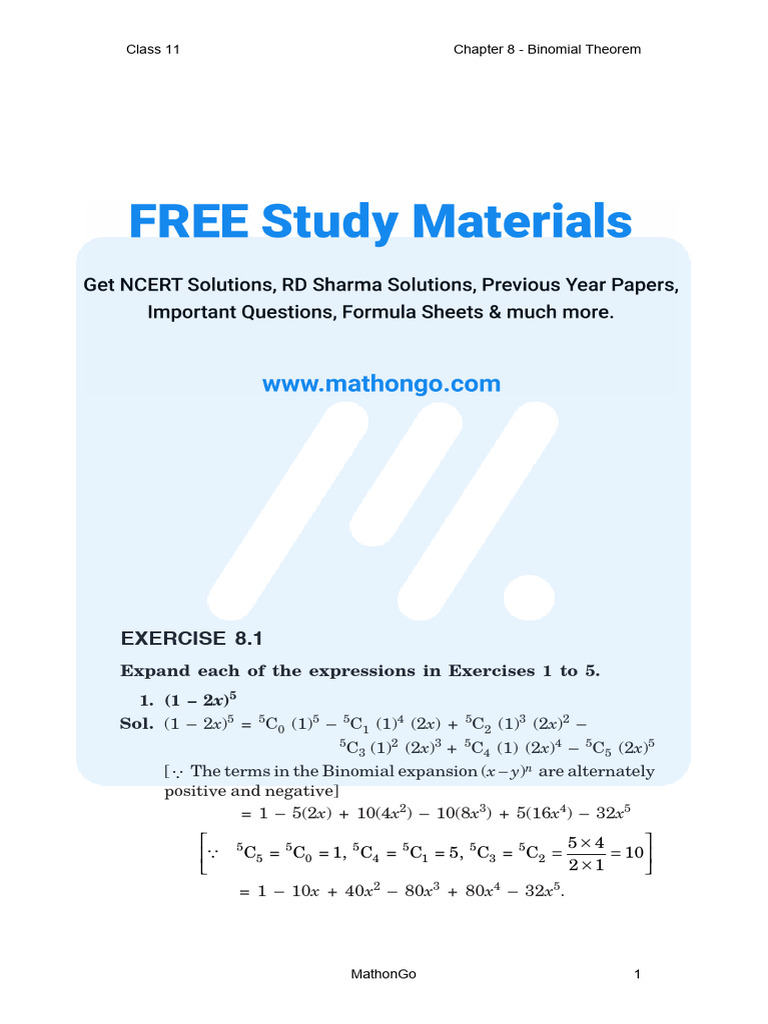 NCERT Solutions Class 11 Maths Chapter 8 Binomial Theorem | PDF ...