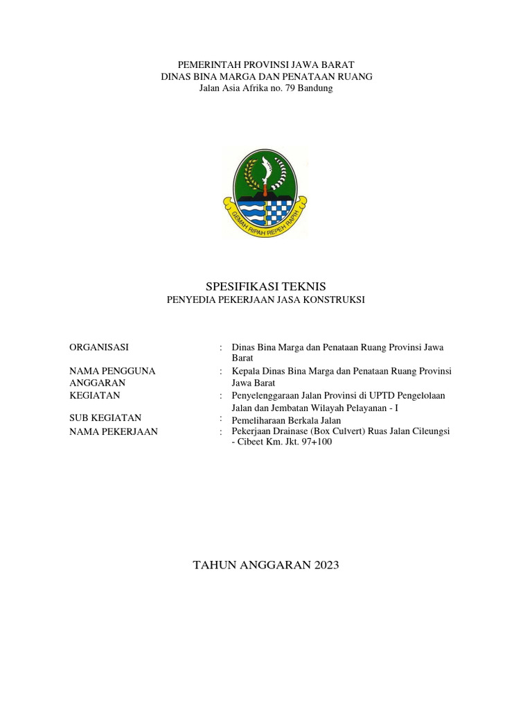 Spesifikasi Teknis Pekerjaan Drainase Box Culvert Cileungsi Km.97100 | PDF Spesifikasi Teknis Pekerjaan Drainase Box Culvert Cileungsi Km.97100 | PDF