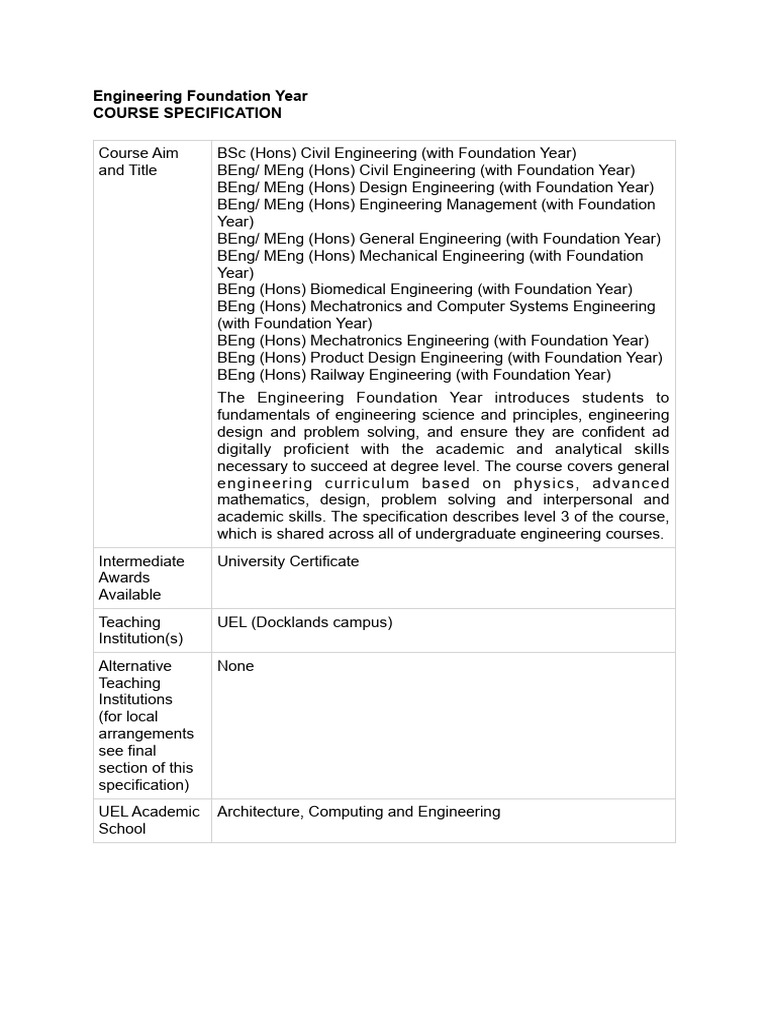 Engineering Foundation Year Updated | PDF | Engineering | Academic Degree