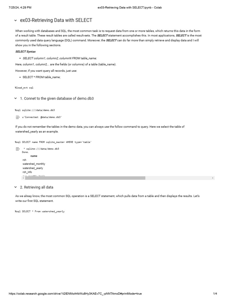 Ex03-Retrieving Data With SELECT | PDF | Table (Database) | Sql