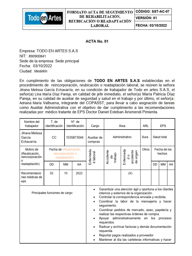 07 SST - AC 07 ACTA DE SEGUIMIENTO DEL PROCEDIMIENTO PARA REINCORPORACIÓN, REUBICACIÓN O ...