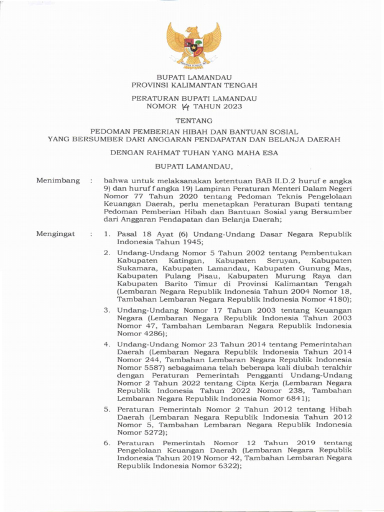 Perbup Nomor 14 Tahun 2023 HIBAH DAN BASOS 2023 DST KAB LAMANDAU | PDF ...