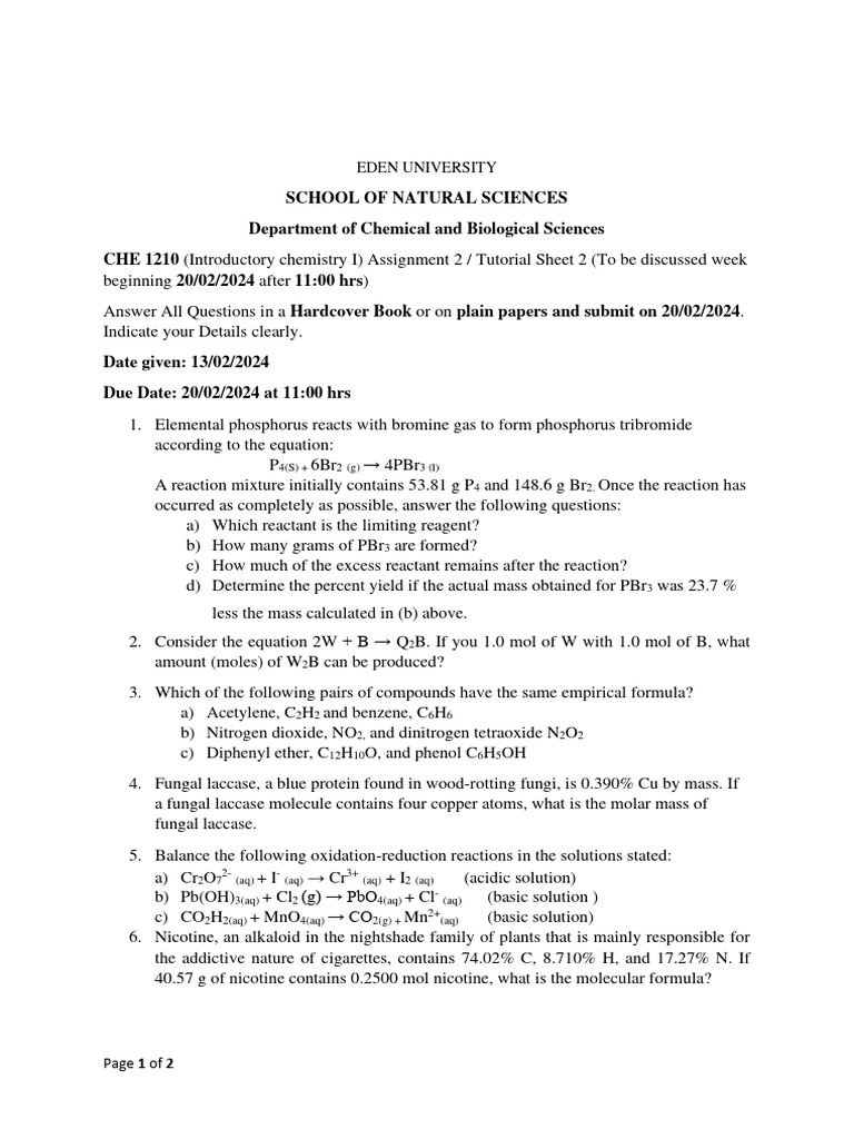 CHE 1210 Assignment 2-Tutorial Sheet 2 2024556 | PDF | Stoichiometry | Ammonia