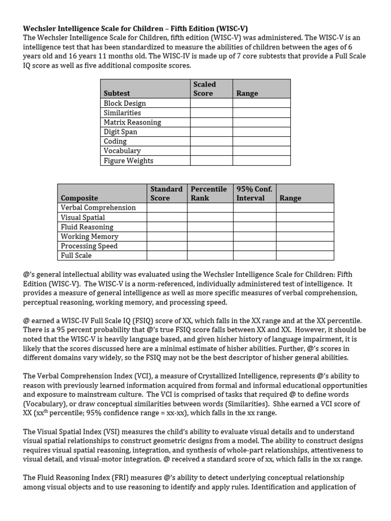 WISC-V Intelligence Test Summary | PDF | Wechsler Adult Intelligence ...