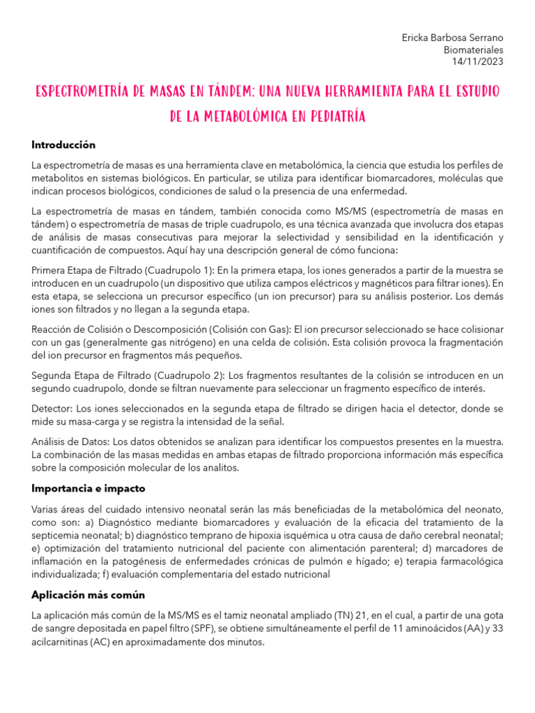Espectrometría de masas en tándem en pediatría | PDF | Espectrometría ...