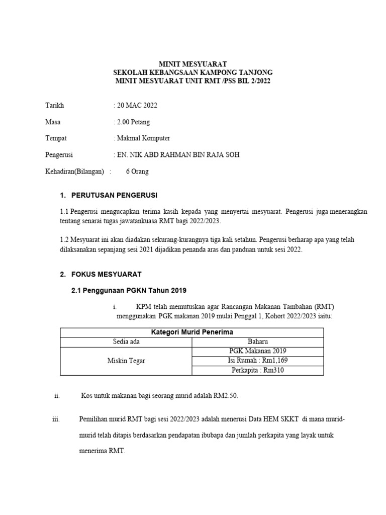 Minit Mesyuarat RMT PSS 2 2022 | PDF