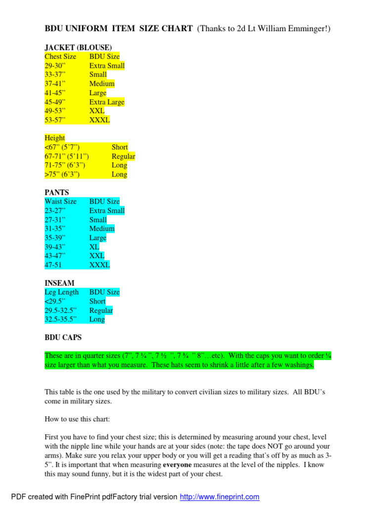 Military BDU Sizing Guide | PDF | Clothing | Fashion