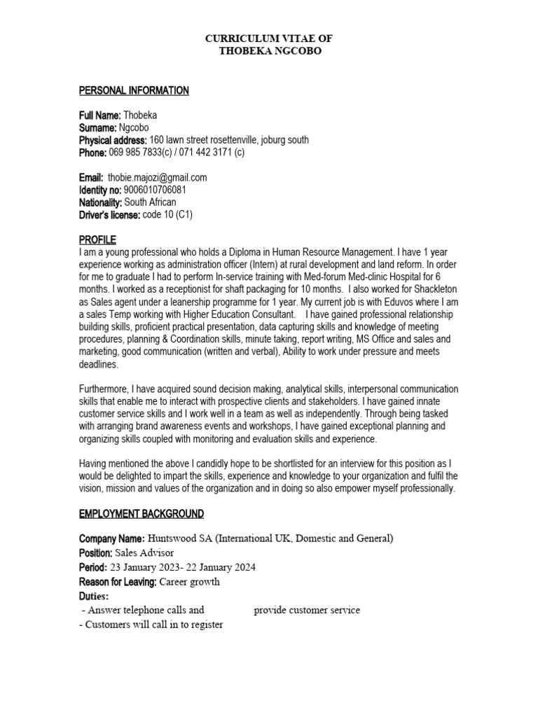 Thobeka cv2024 | PDF | Sales | Fax
