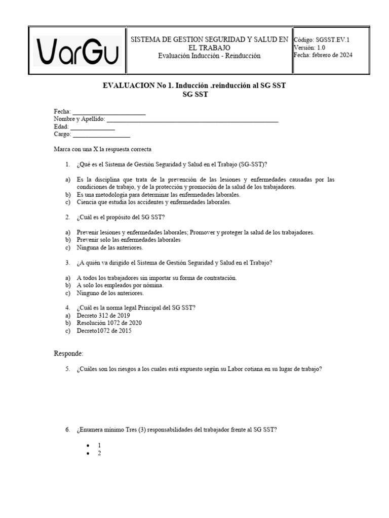 Evaluación Inducción - Reinducción Vargu | PDF