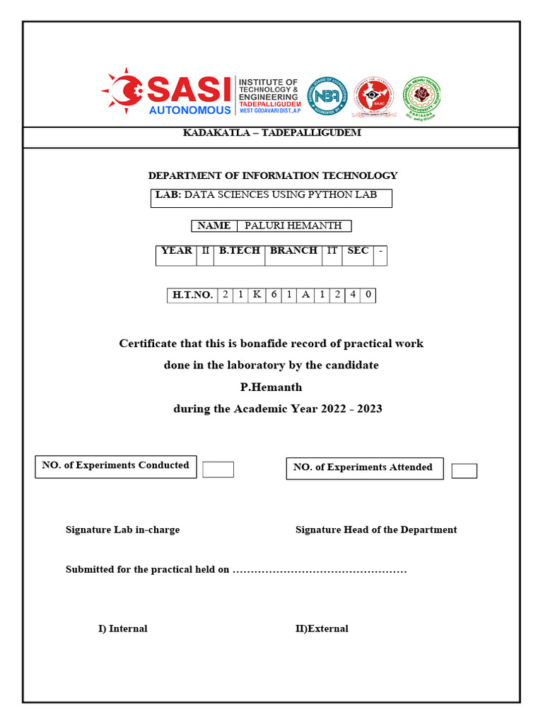 Certificate That This Is Bonafide Record of Practical Work Done in The ...