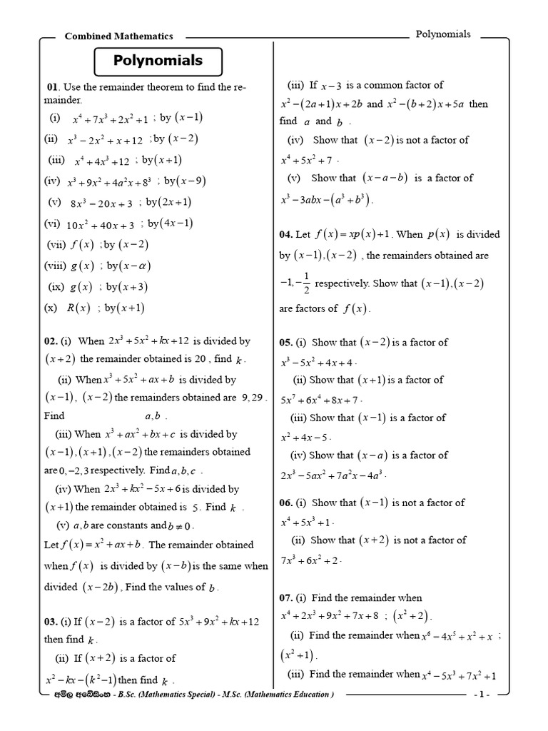 Polynomials 2024 Full Tute EM | PDF | Factorization | Polynomial