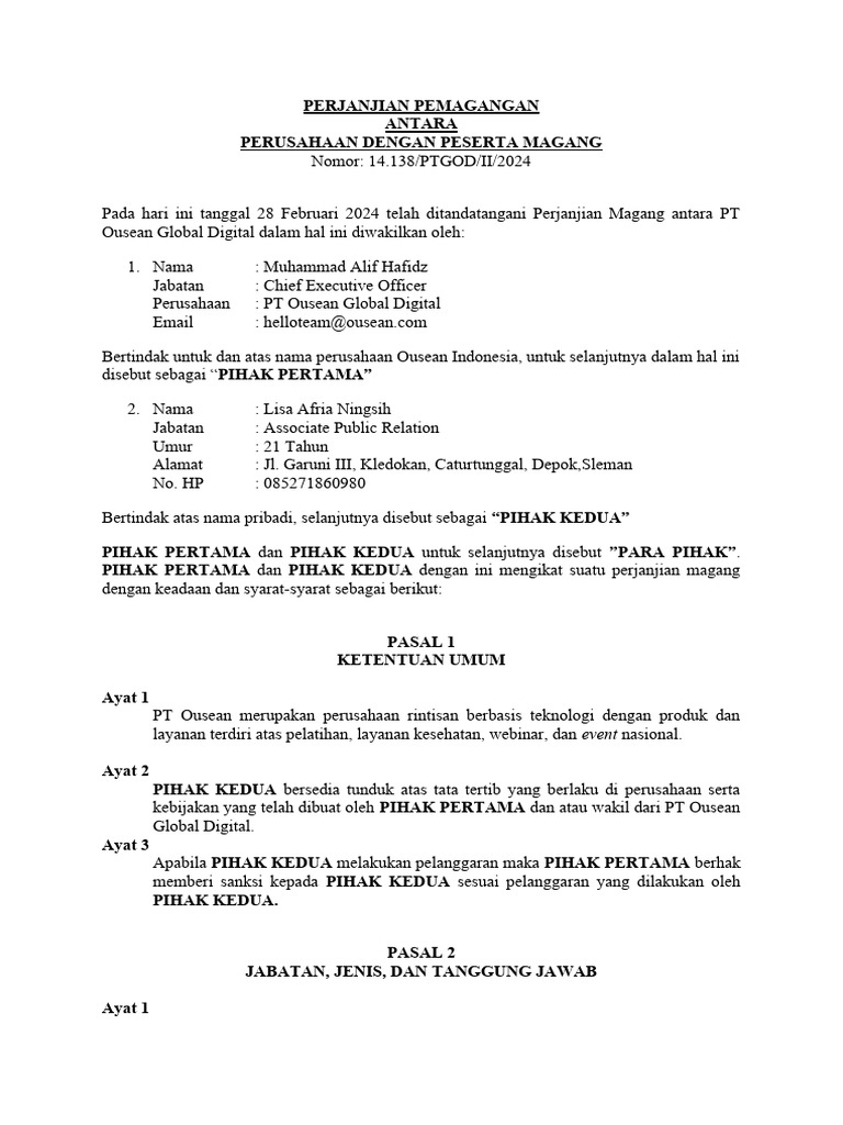Perjanjian Magang PT Ousean Global Digital | PDF | Pengelolaan Keuangan ...