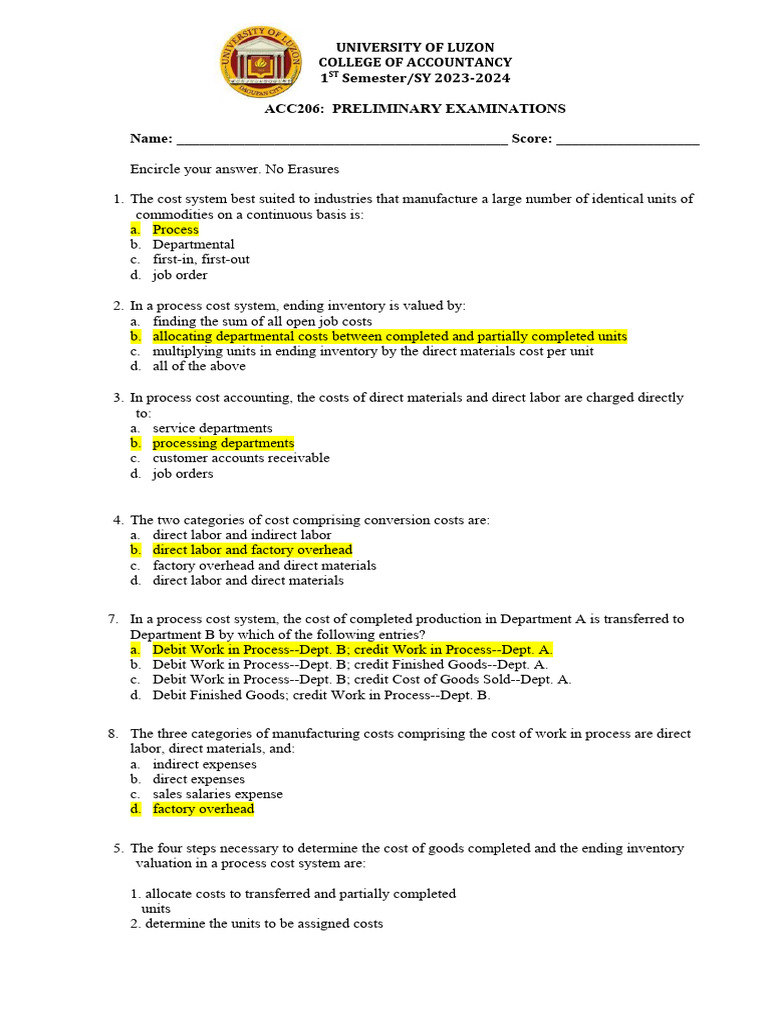 ACC206 Preliminary Exam: Process Costing | PDF | Cost Of Goods Sold | Trade