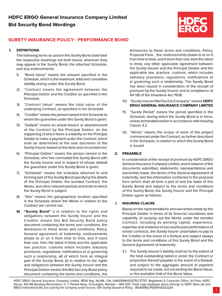Surety Insurance Policy - Conditional Performance Bond Wordings | PDF ...