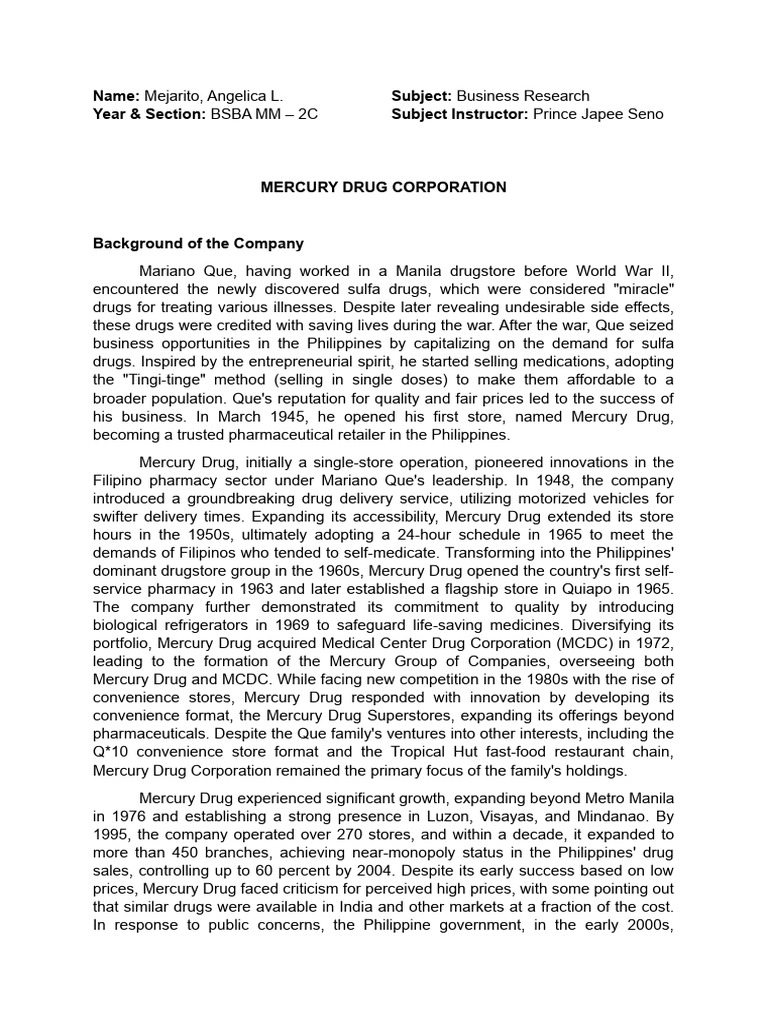 Mercury Drug Corporation: Business Overview | PDF | Pharmacy | Generic Drug