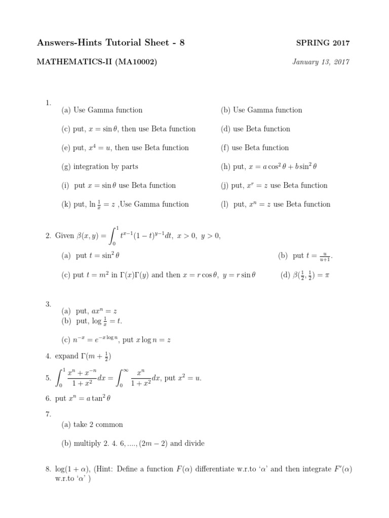 Hints-Maths-Ii - Tutorial Sheet-8 | PDF | Complex Analysis | Number Theory
