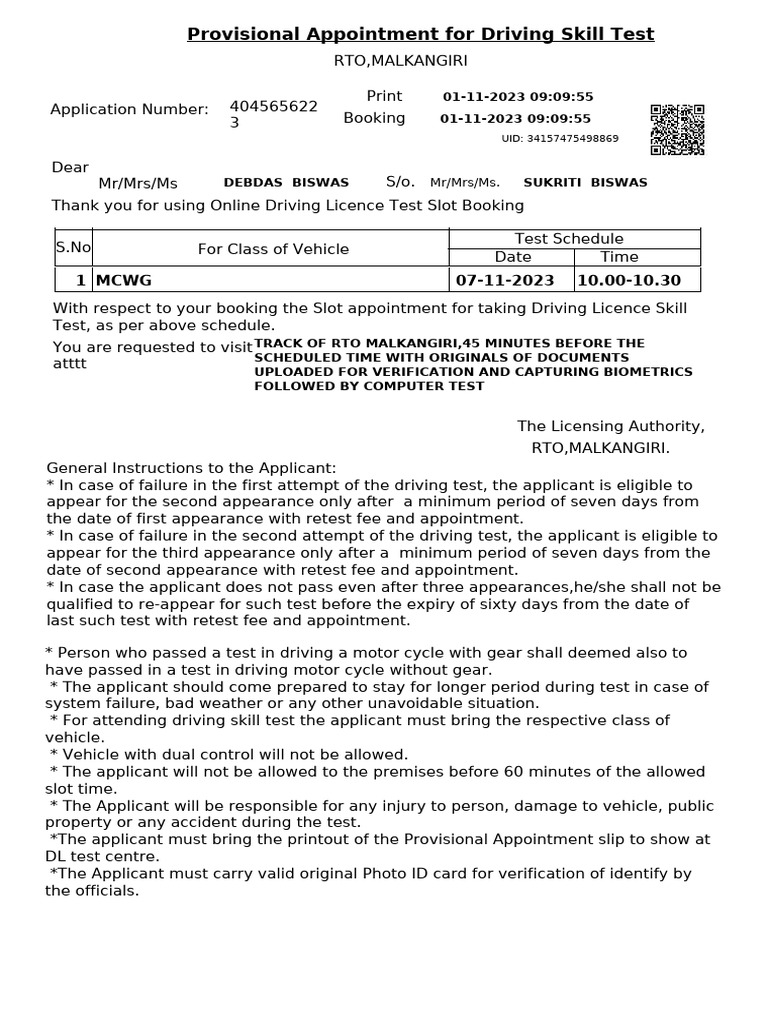 Provisional Appointment For Driving Skill Test: 1 MCWG 07-11-2023 10.00 ...