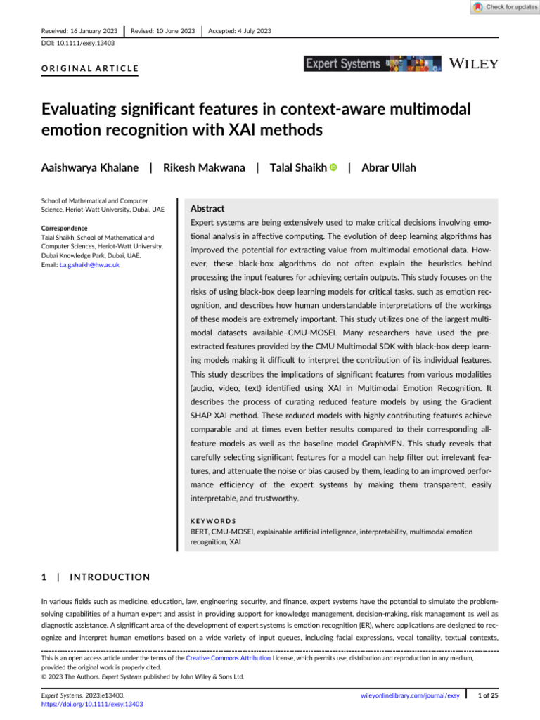 Expert Systems - 2023 - Khalane - Evaluating Significant Features in Context Aware Multimodal e ...