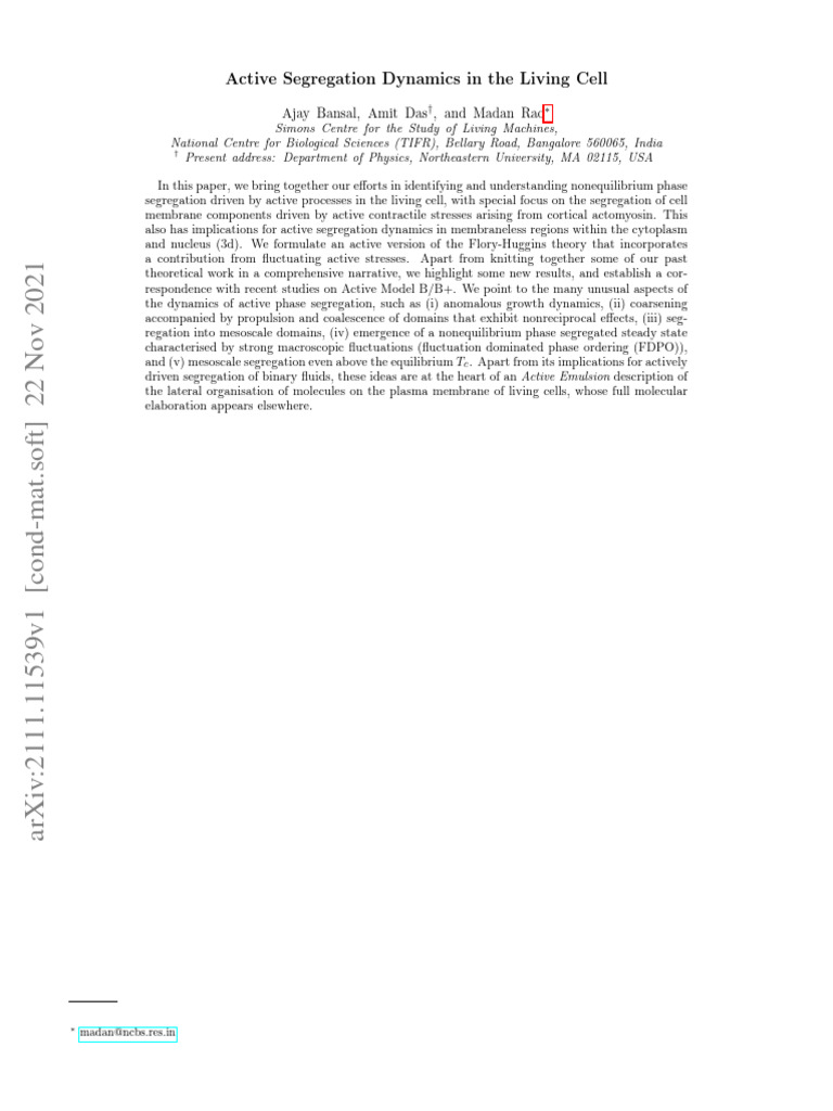 Active Segregation Dynamics in The Living Cell: Ajay Bansal, Amit Das, and Madan Rao | PDF ...