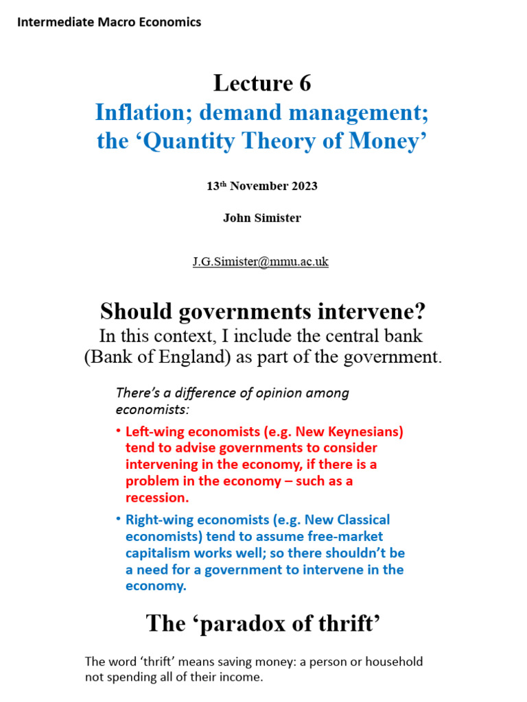 Intermediate Macro Economics Lecture 6 Inflation | PDF | Inflation | Quantity Theory Of Money