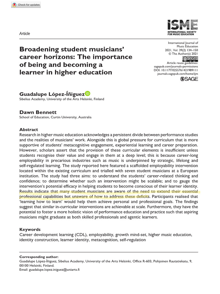 Lopez Iniguez Bennett 2021 Broadening Student Musicians Career Horizons The Importance of Being ...