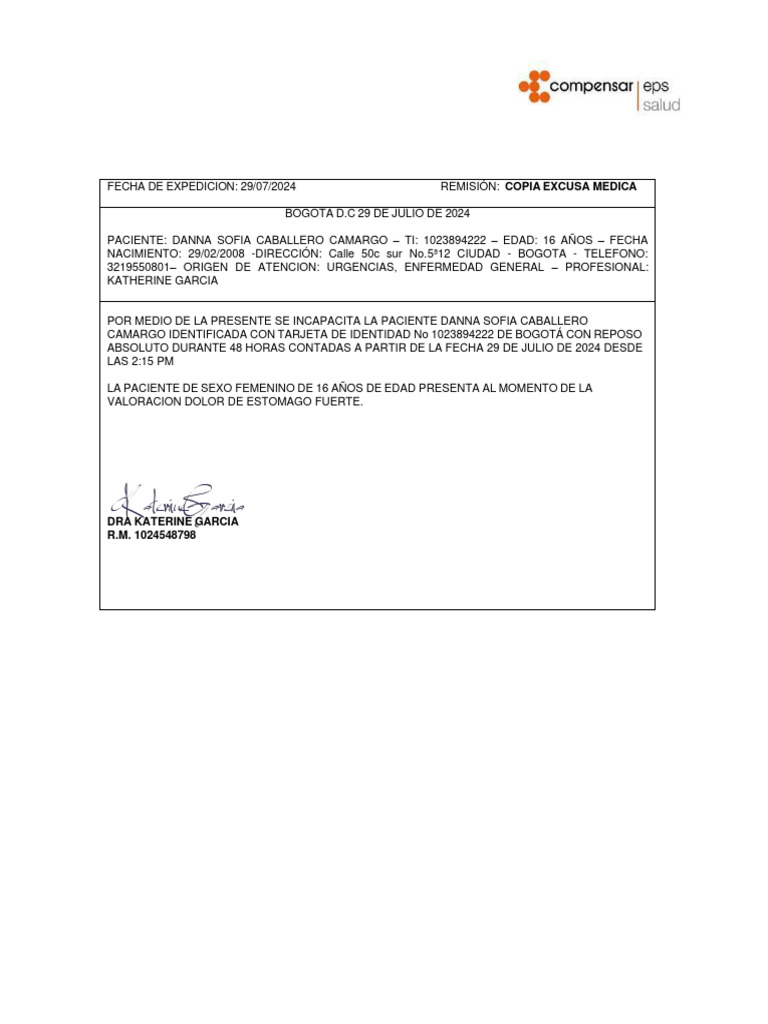 Excusa Medica Compensar Act Danna | PDF