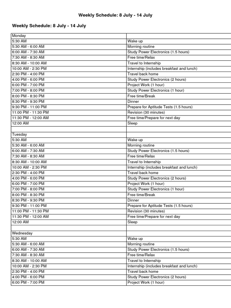 Combined Weekly Schedule 8 July To 14 July | PDF | Lunch | Dinner