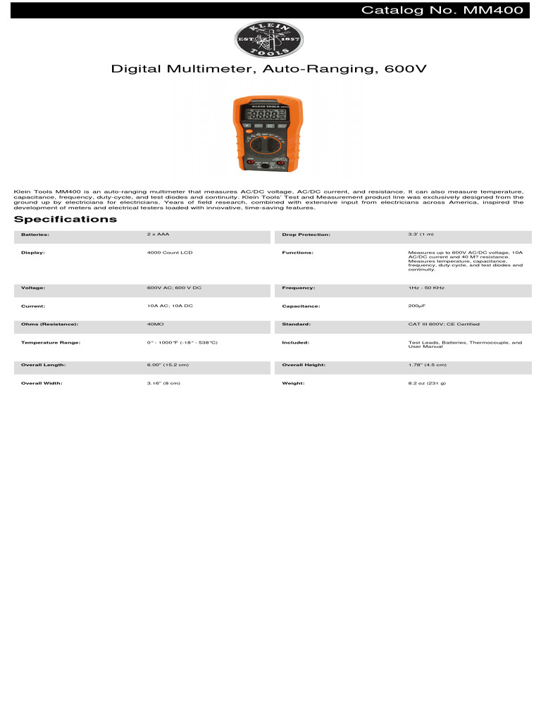 Digital Multimeter, Auto-Ranging, 600V: Specifications | PDF ...