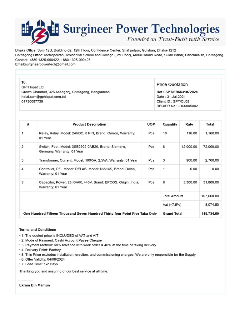 Price Quotation For PR - 2100005002 01.08.24 | PDF | Money | Payments
