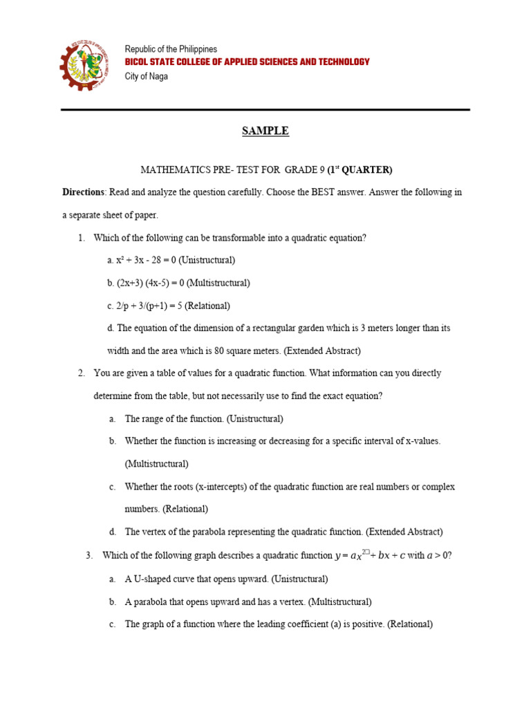 Sample Pre Test | PDF | Quadratic Equation | Equations