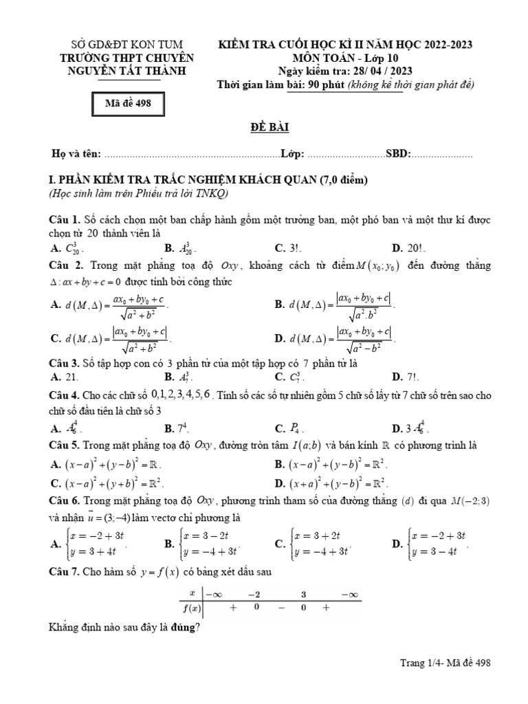 De Kiem Tra Cuoi HK 2 Lop 10 Nam 2022 2023 Ma - de - 498 | PDF
