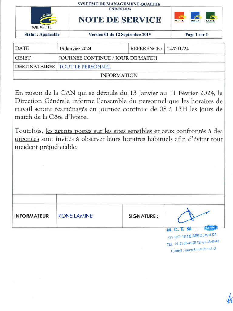 Note de Service - Journee Continue Can | PDF